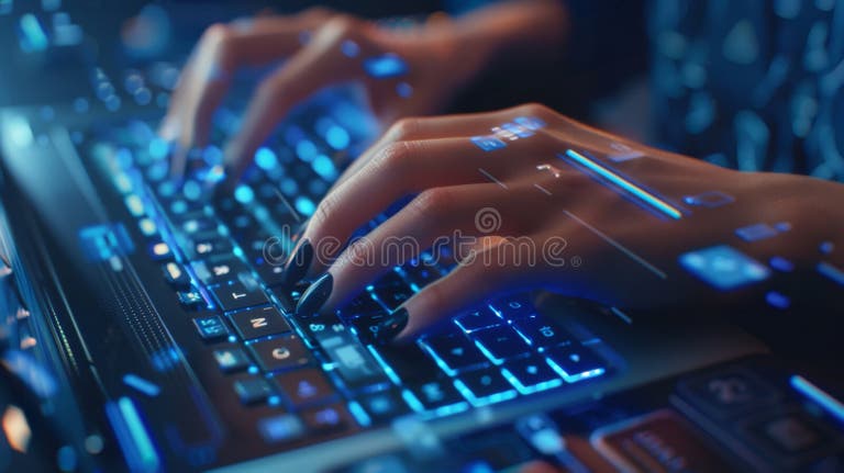 Hands Typing on LED Keyboard.AI Generated Image Stock Photo - Image of ...