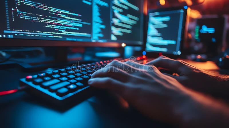 Hands Typing on a Mechanical Keyboard with Multiple Code Windows Open, Software Development ...