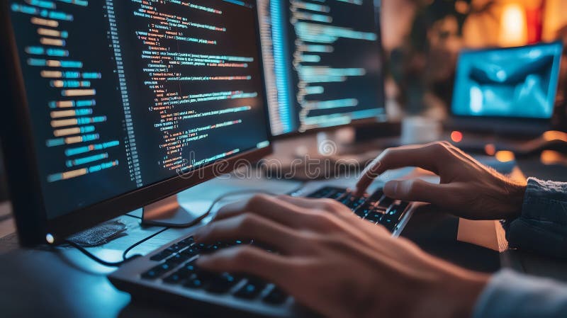 Hands Typing on a Mechanical Keyboard with Multiple Code Windows Open, Software Development ...