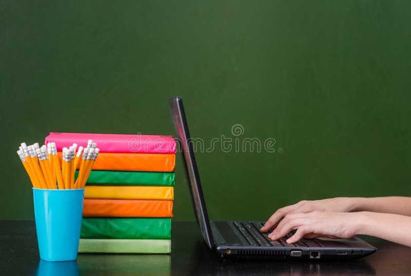 Hands Typing on Notebook in Classroom Stock Photo - Image of empty ...
