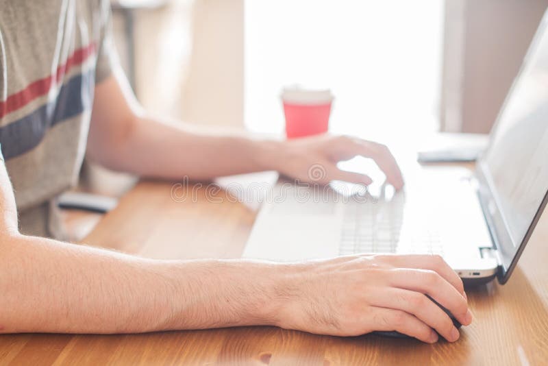 Hands Typing on a Notebook Closeup. Workplace Stock Image - Image of ...