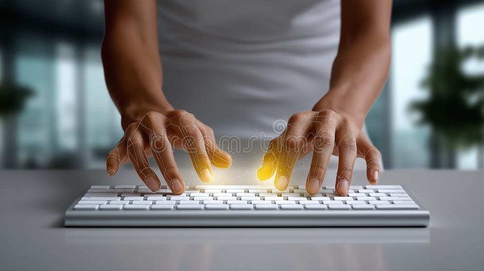 Hands are Typing on a Sleek Keyboard with Glowing Elements, Suggesting ...