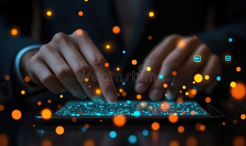 Hands Typing on Tablet with Glowing Digital Interface and Colorful Data ...