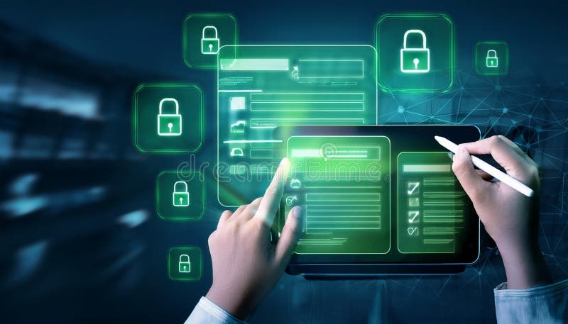 Hands Typing on a Tablet, Secure Registration Form with Green ...