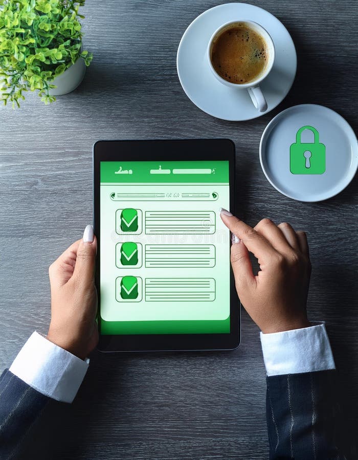 Hands Typing on a Tablet, Secure Registration Form with Green ...