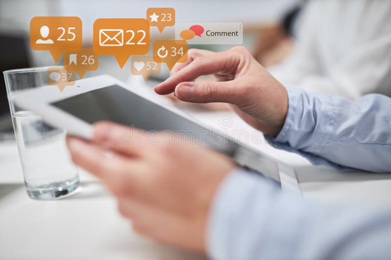 Hands Typing on Touch Screen with Many Notifications Stock Image ...