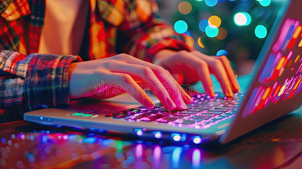Hands Typing on a Vibrant Backlit Keyboard. Stock Photo - Image of ...