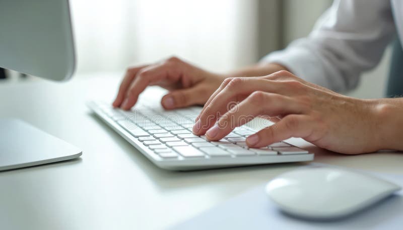Hands Typing on White Computer Keyboard. Fingers Press Keys. Work ...
