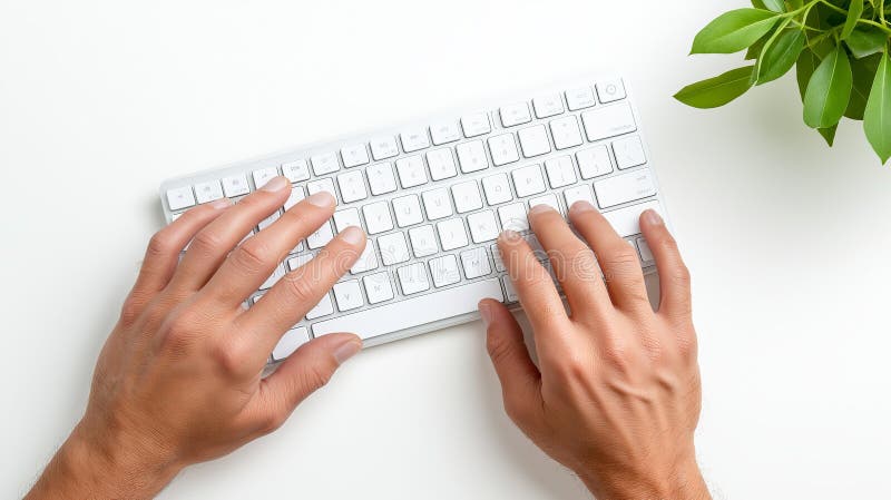 Hands Typing on White Keyboard Next To Green Plant on Desk Stock ...