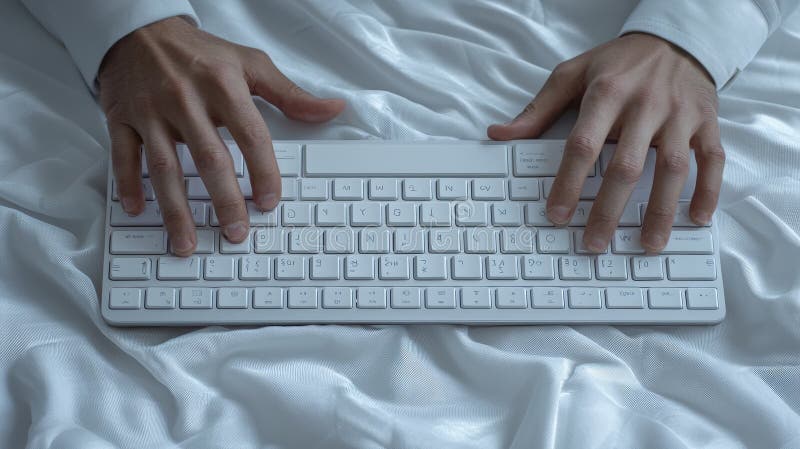 Hands Typing on a White Keyboard Over Soft White Fabric Surface Stock ...
