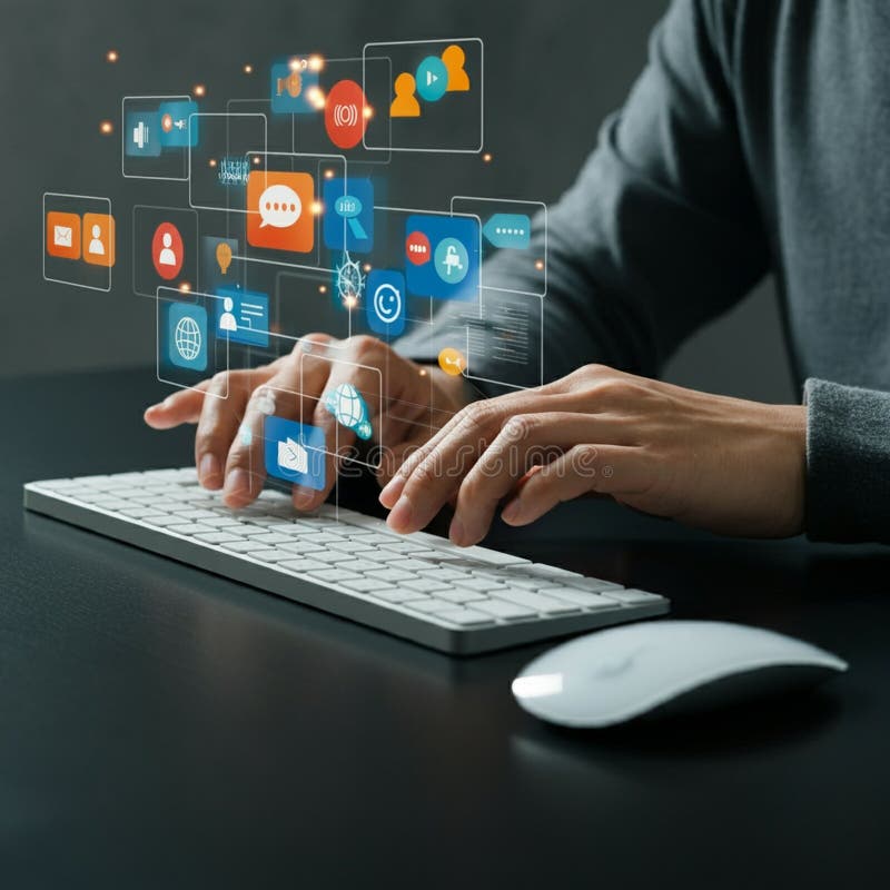 Hands Typing on a White Keyboard with a White Mouse Nearby. Above the ...