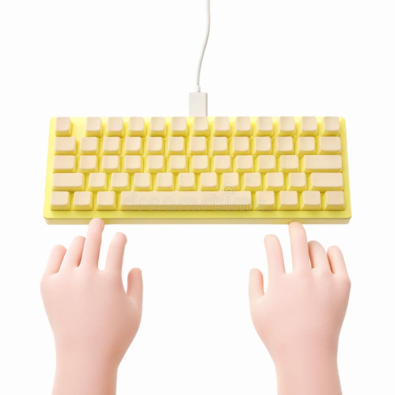 Hands Typing on Yellow Wired Keyboard with White Keys Isolated on ...