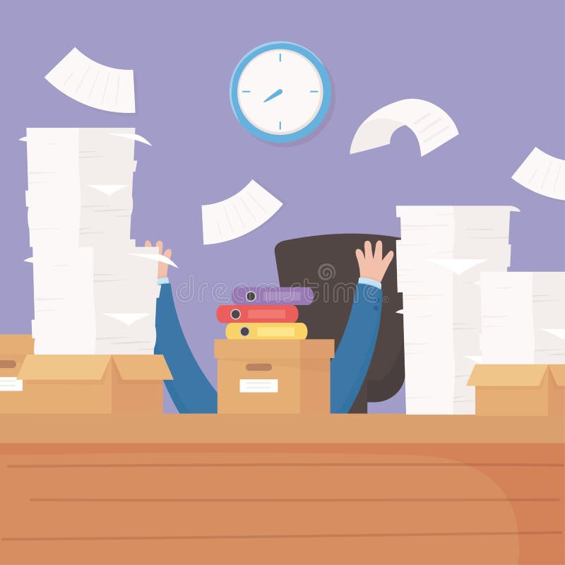 Hands Desk and Stack of Work Papers Boxes Stress Stock Vector ...