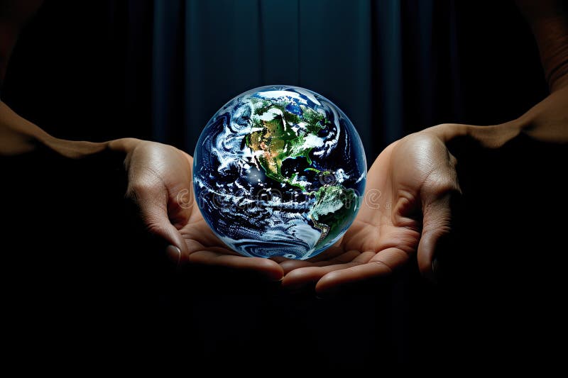 Two Hands Holding a Globe in the Dark Created with Generative AI ...