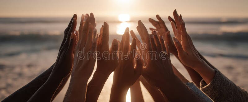 The Hands of Unity Reaching Towards a Beautiful Sunset Over the Ocean ...