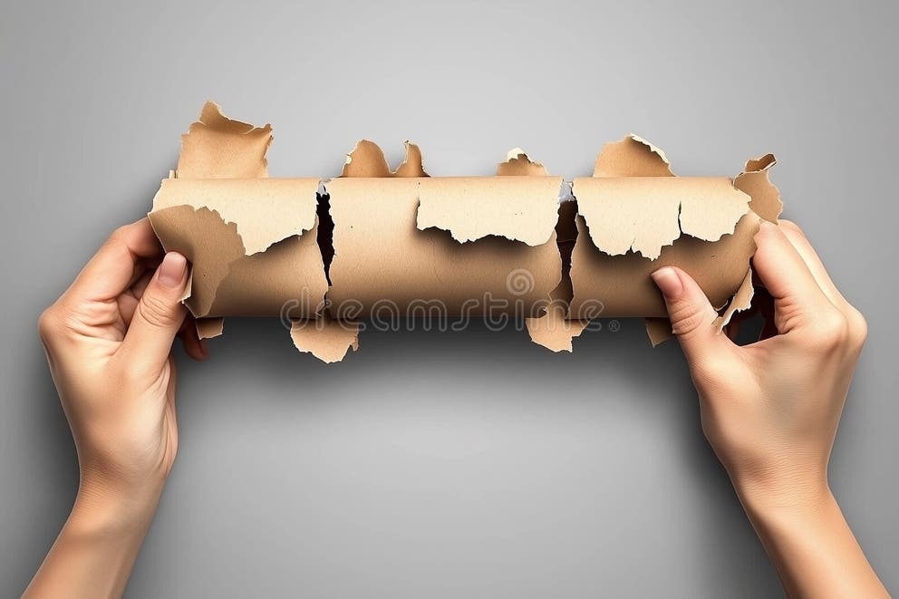 Hands Unrolling Torn Paper with Texture on Gray Background for Creative ...