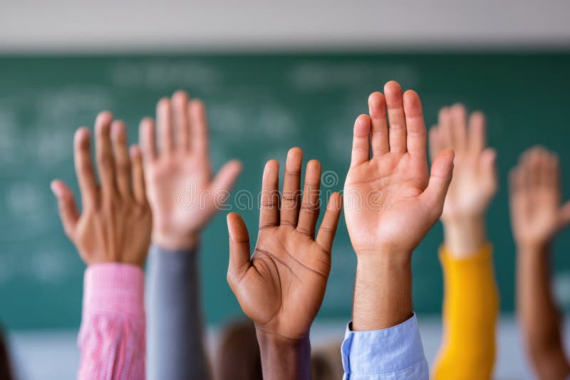 Hands Up in Class - Students Eager To Learn Stock Illustration ...