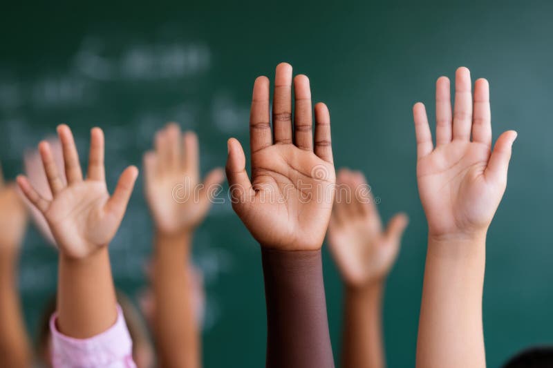 Hands Up: a Classroom of Eager Learners Stock Illustration ...