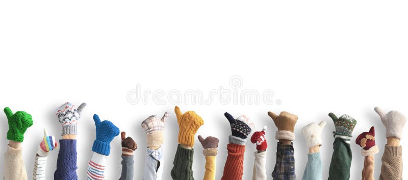 Hands Up Up in the Different Mittens. Stock Photo - Image of background ...