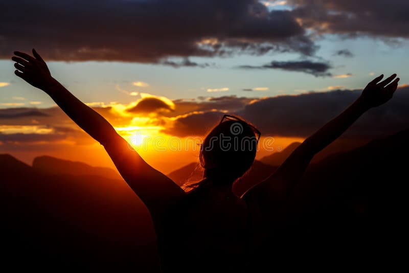 Hands-up Girl on Sunset Background Editorial Photography - Image of ...