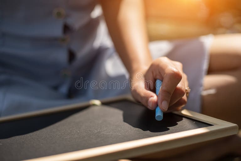 Hands Use Chalk for Drawing, Writing Balckboard in the Parks. Education ...