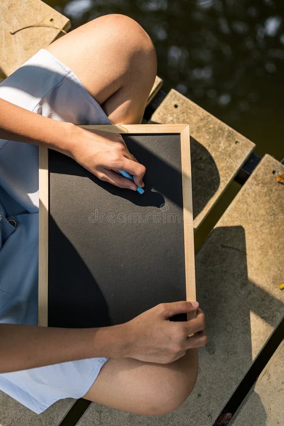 Hands Use Chalk for Drawing, Writing Balckboard in the Parks. Education ...