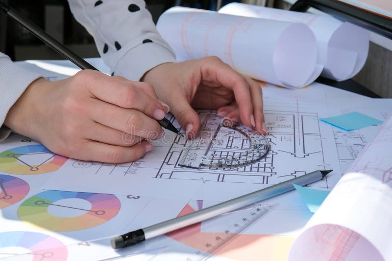Hands Use Pencil with a Protractor. Architectural Project Drawings with ...