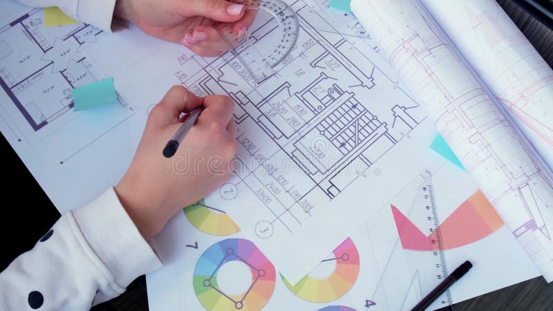 Hands Use Pencil with a Protractor. Architectural Project Drawings with ...