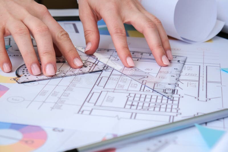 Hands Use Pencil with a Protractor. Architectural Project Drawings with ...