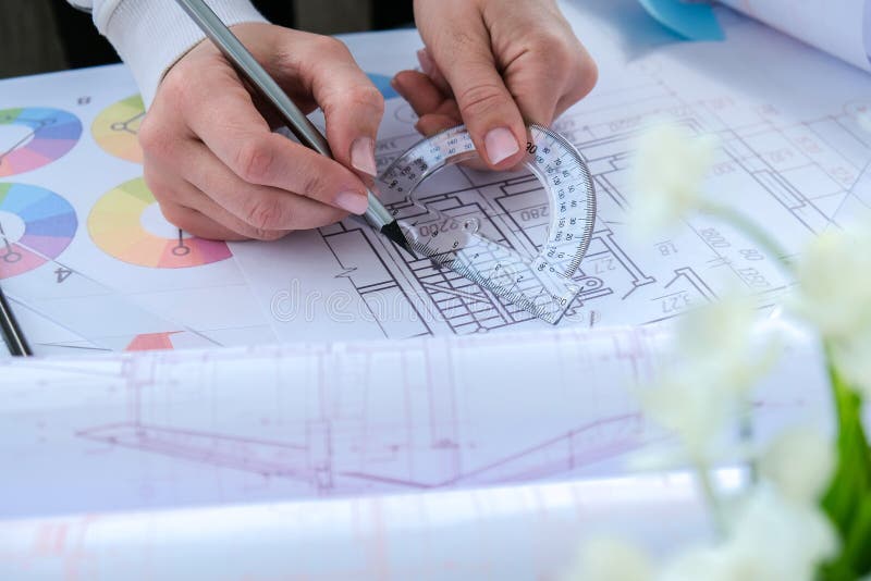 Hands Use Pencil with a Protractor. Architectural Project Drawings with ...