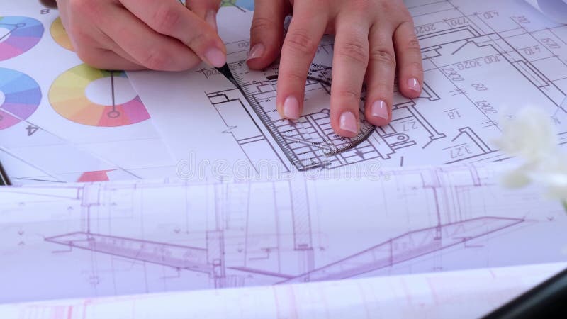 Hands Use Pencil with a Protractor. Architectural Project Drawings with ...