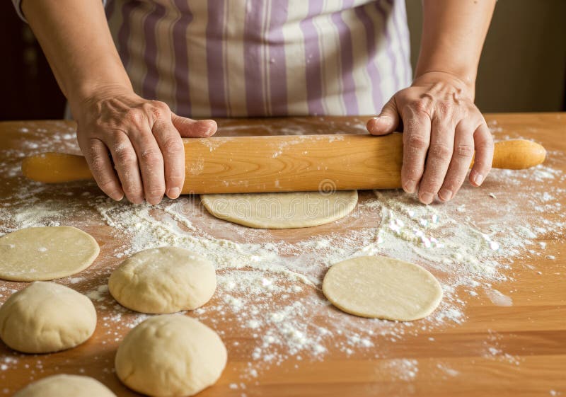 Hands Use a Rolling Pin To Flatten Dough on a Floured Wooden Surface ...