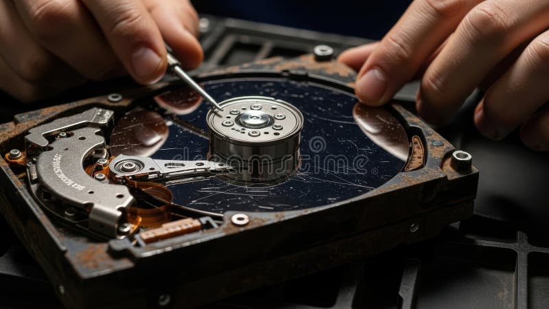 Hands Use a Screwdriver To Repair a Rusty and Damaged Computer Hard ...