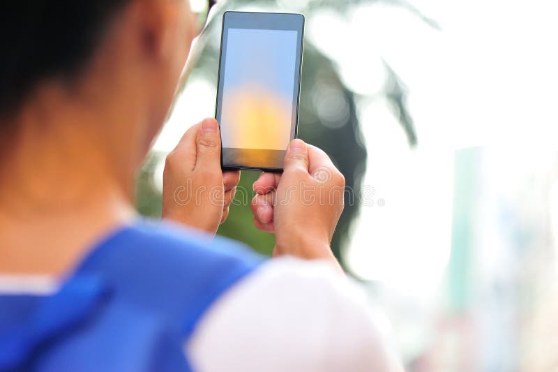 Hands Use Smart Phone in Modern City Stock Photo - Image of copy ...