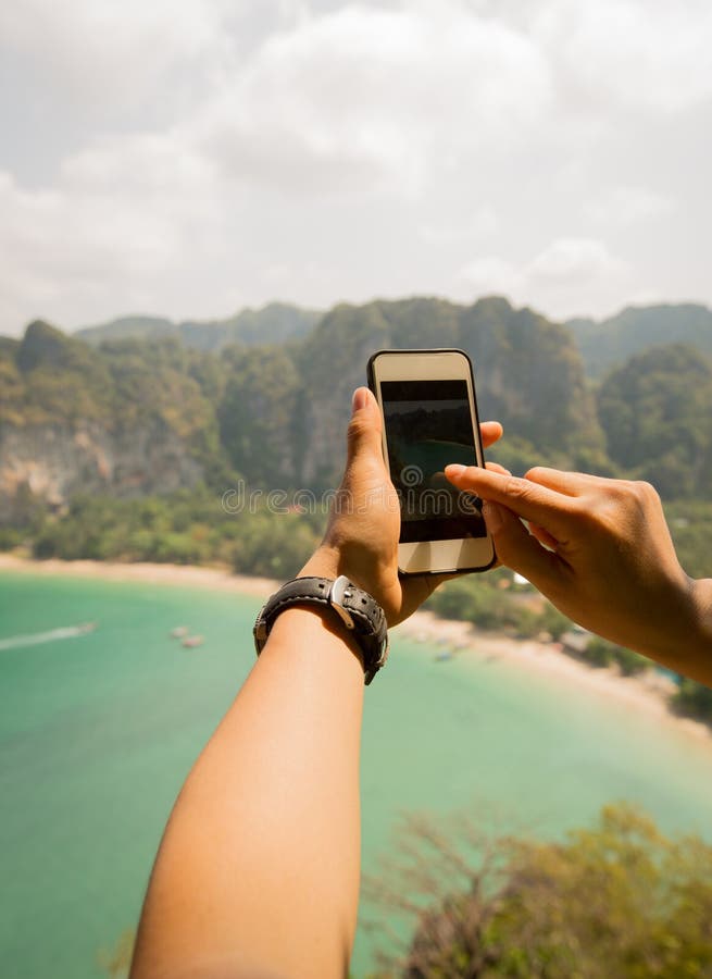 Hands Use Smartphone Outdoor Stock Photo - Image of nature, hiking ...
