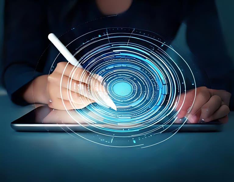 Hands Use a Stylus on a Tablet with a Circular Digital Overlay Stock ...