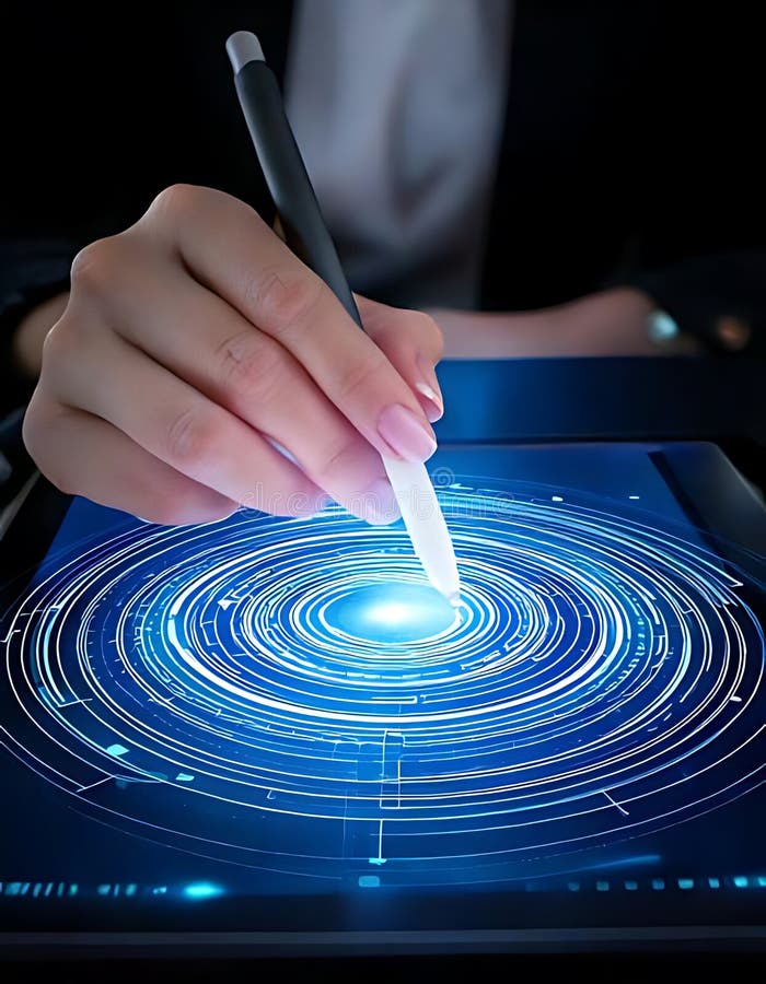 Hands Use a Stylus on a Tablet with a Circular Digital Overlay Stock ...