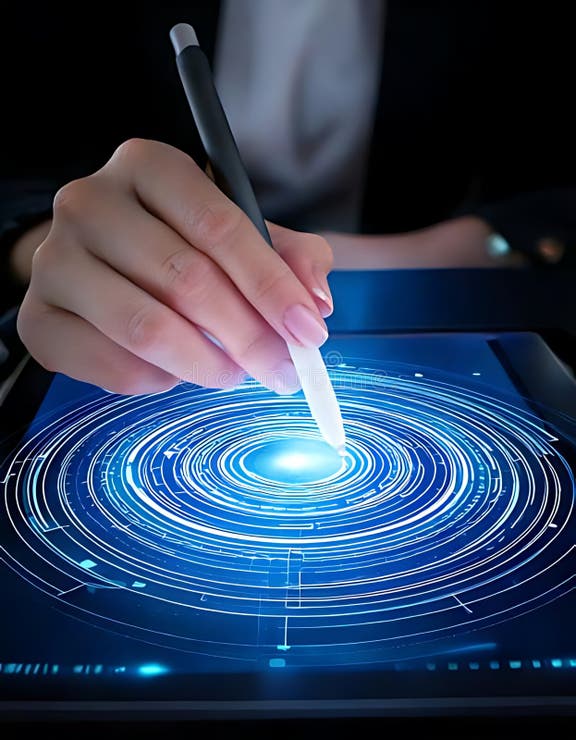 Hands Use a Stylus on a Tablet with a Circular Digital Overlay Stock ...