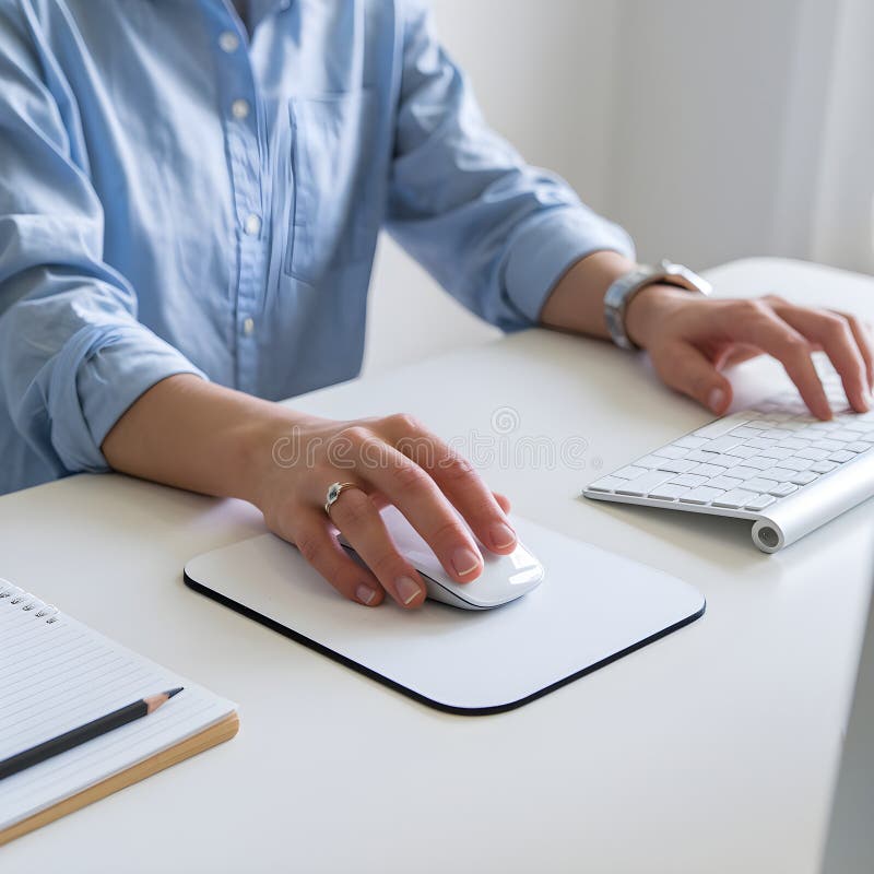 Hands Use a White Computer Mouse on a Clean White Desk Stock ...