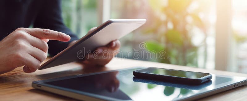 The Hands of a User Interacting with a Tablet and Smartphone on a Table ...