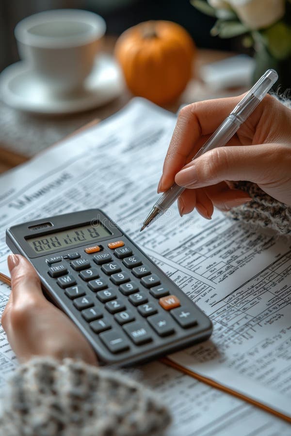 Hands Using a Calculator and Pen for Financial Calculation at a Table ...