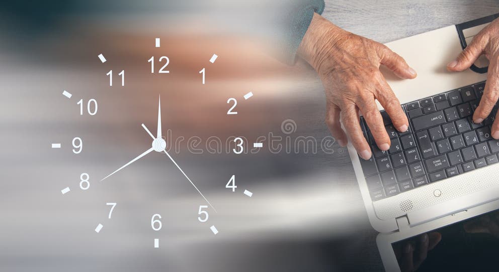 Hands Using Computer with Clock Icon. Time Management Stock Image ...
