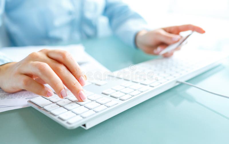 Hands Using Computer and Credit Card Stock Image - Image of holding ...