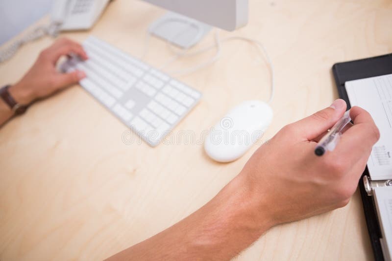 Hands Using Computer Keyboard and Diary at Desk Stock Image - Image of ...