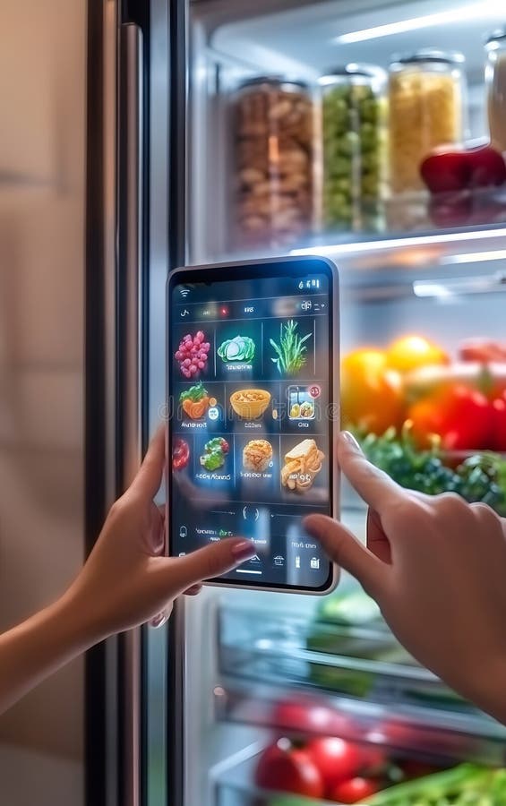 Hands Using a Digital App To Control a Smart Refrigerator, Smart ...