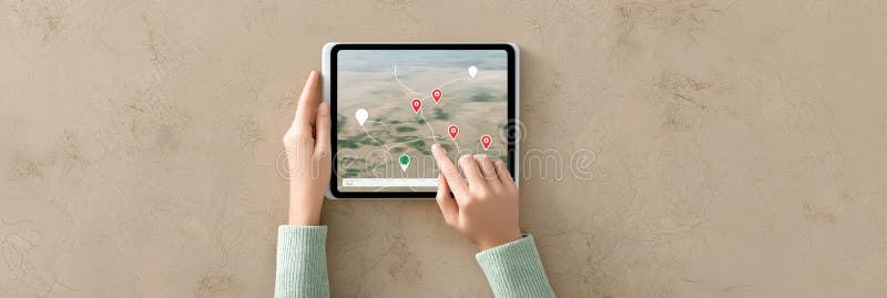 Hands Using Digital Map on Tablet with Multiple Location Pins Over a ...