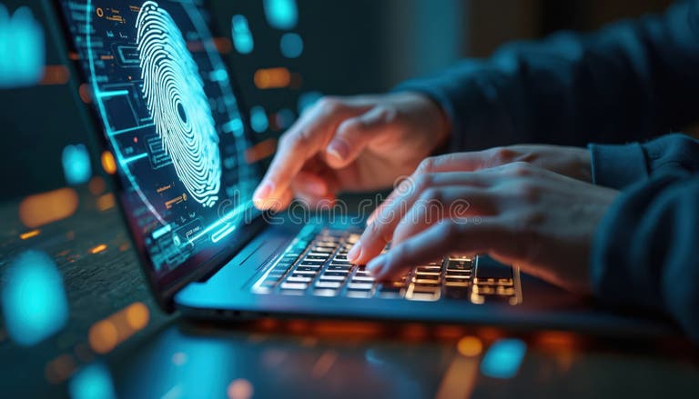 Hands Using Fingerprint Scanner on Laptop Screen. Biometric Data ...