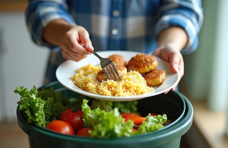 Hands Using Fork Scraping Waste Food from Plate, Throwing Leftovers ...
