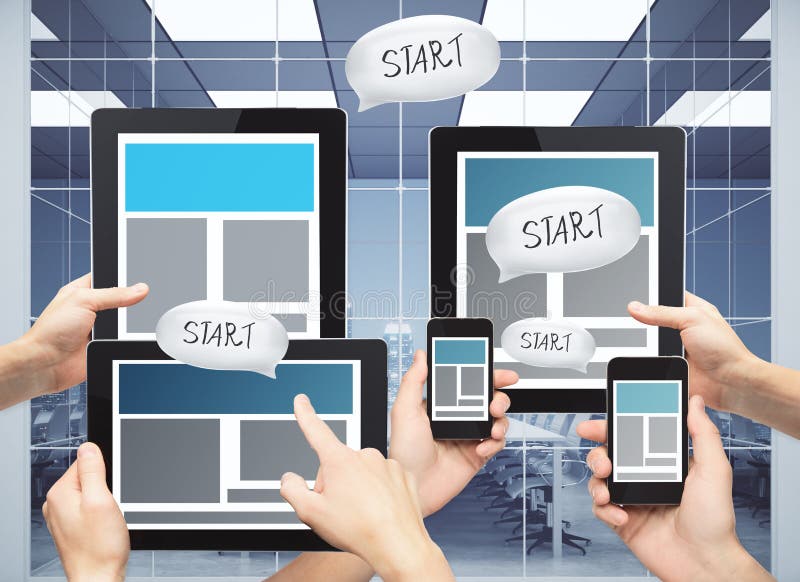 Hands using gadgets stock illustration. Illustration of inside - 95680295