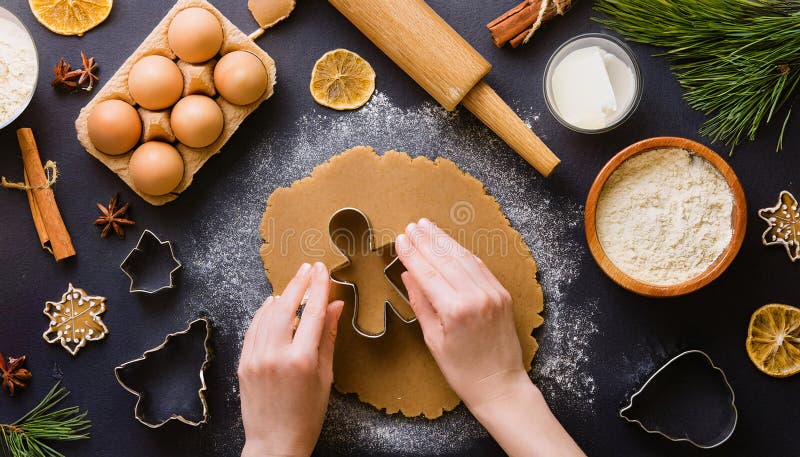 Hands Using a Gingerbread Man Cookie Cutter on Rolled-out Dough ...
